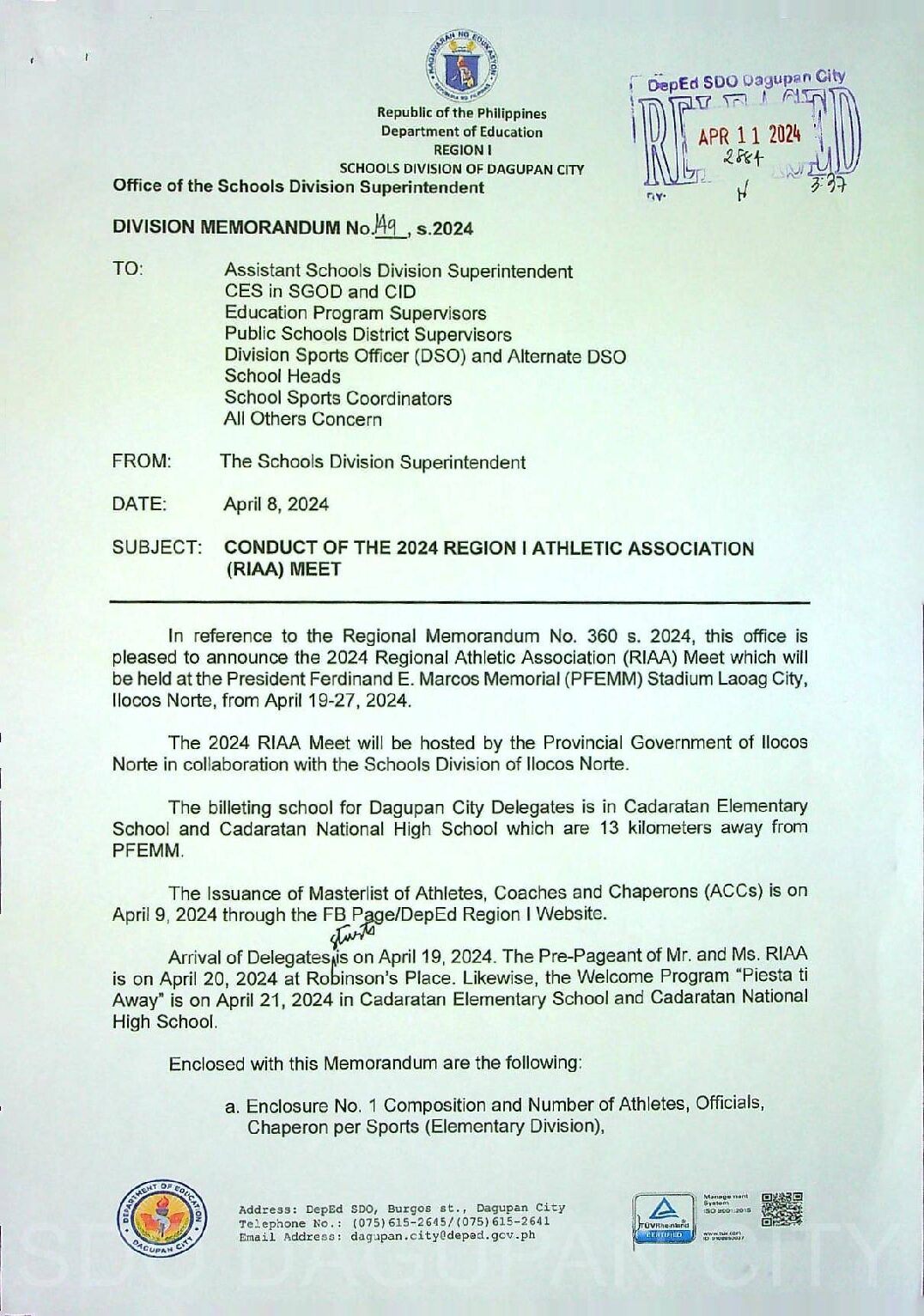DIV MEMO NO 149 s2024 – CONDUCT OF THE 2024 REGION I ATHLETIC ... DIV MEMO NO 149 s2024 – CONDUCT OF THE 2024 REGION I ATHLETIC ...